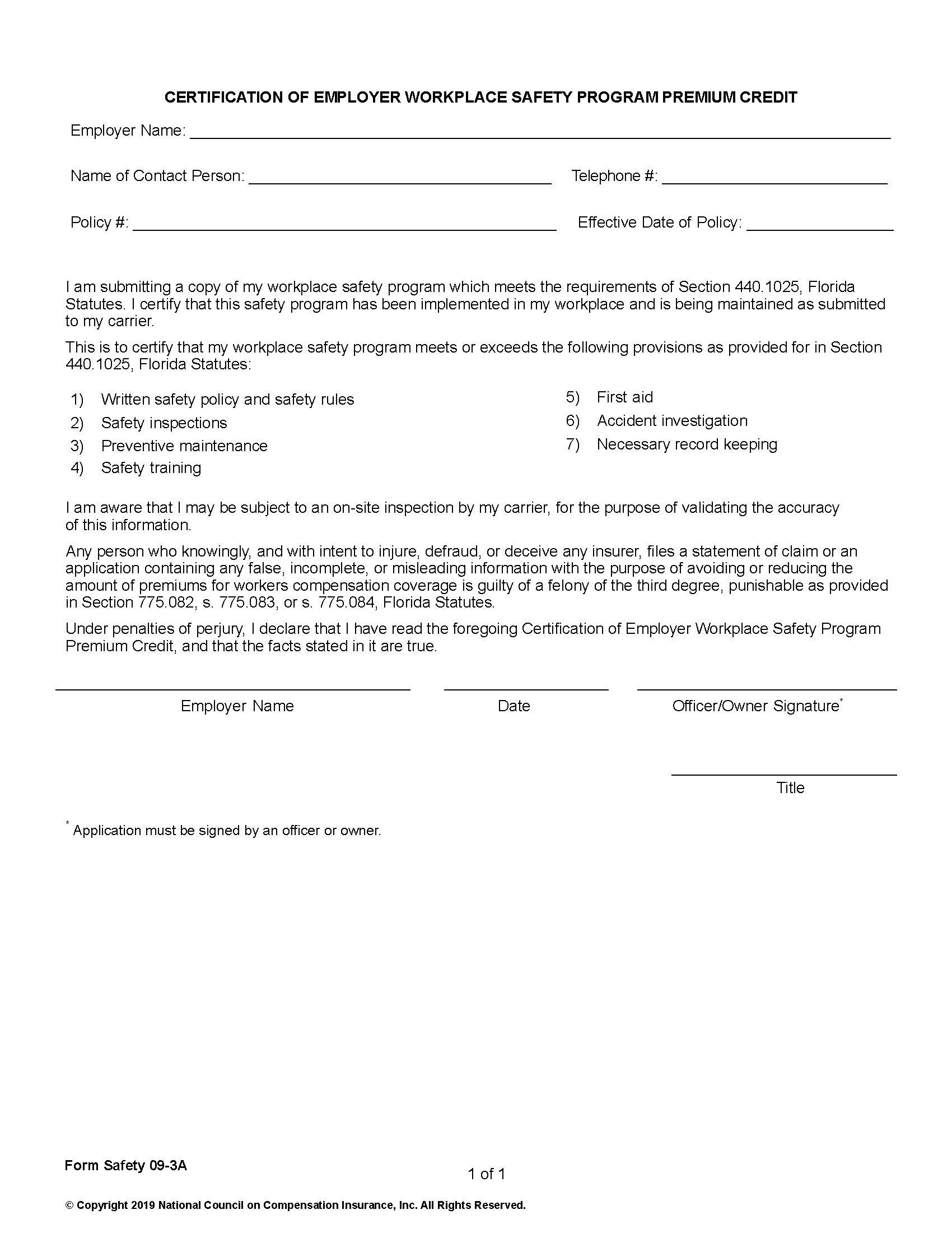 Certification of Employer Workplace Safety Program Premium Credit ...