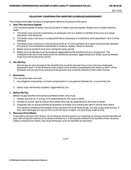 Voluntary Compensation Maritime Coverage Endorsement | Work Comp ...