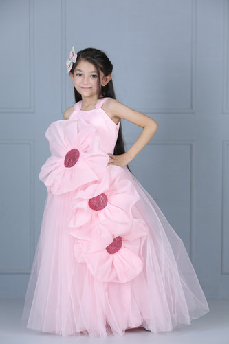 Net Flare Dress With 3D Flower | The Little Factory
