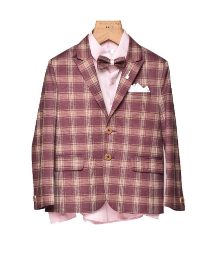 Maroon Check Suit With Pink Shirt And Same Bow Tie | The Little Factory