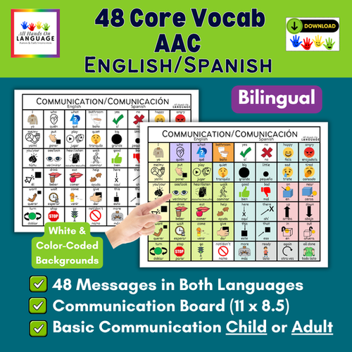 Bilingual Spanish English Communication Board, 48 Core Vocabulary ...