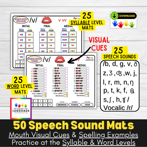 50 Articulation Mats | 25 Speech Sounds | Isolation, Syllable, and Word ...