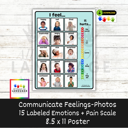 Feelings Communication Board- 15 Emotion Photos and Pain Scale, AAC ...