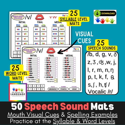 50 Articulation Mats | 25 Speech Sounds | Isolation, Syllable, and Word ...