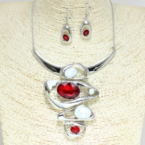 Red and Silver Abstract Metal Statement Necklace Set | bluescustomdesigns