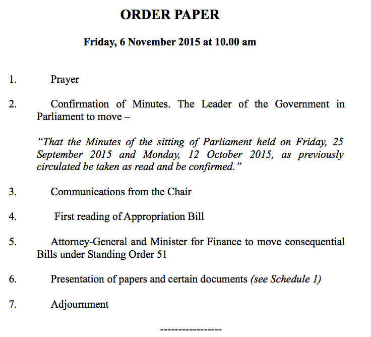 Parliament Order Paper for 2016 Budget Sitting on 06 November 2015