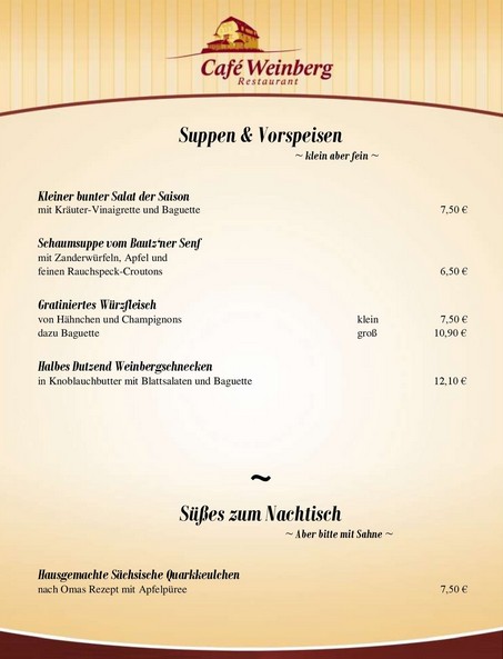 Restaurant "Café Weinberg" mit neuer Standardkarte!
