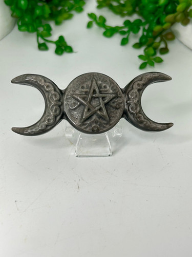 Silver Sheen Obsidian Triple Moon Carving | Crystal D'Lites