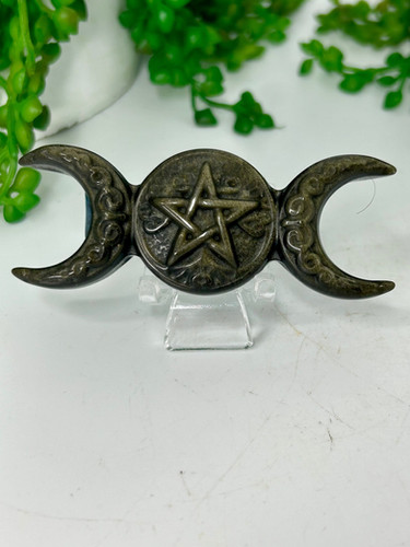 Gold Sheen Obsidian Triple Moon Carving | Crystal D'Lites