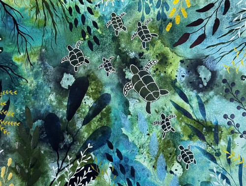 "Herd of Turtles" Abstract Turquoise Under the Sea Turtle Scene 8x10 ...
