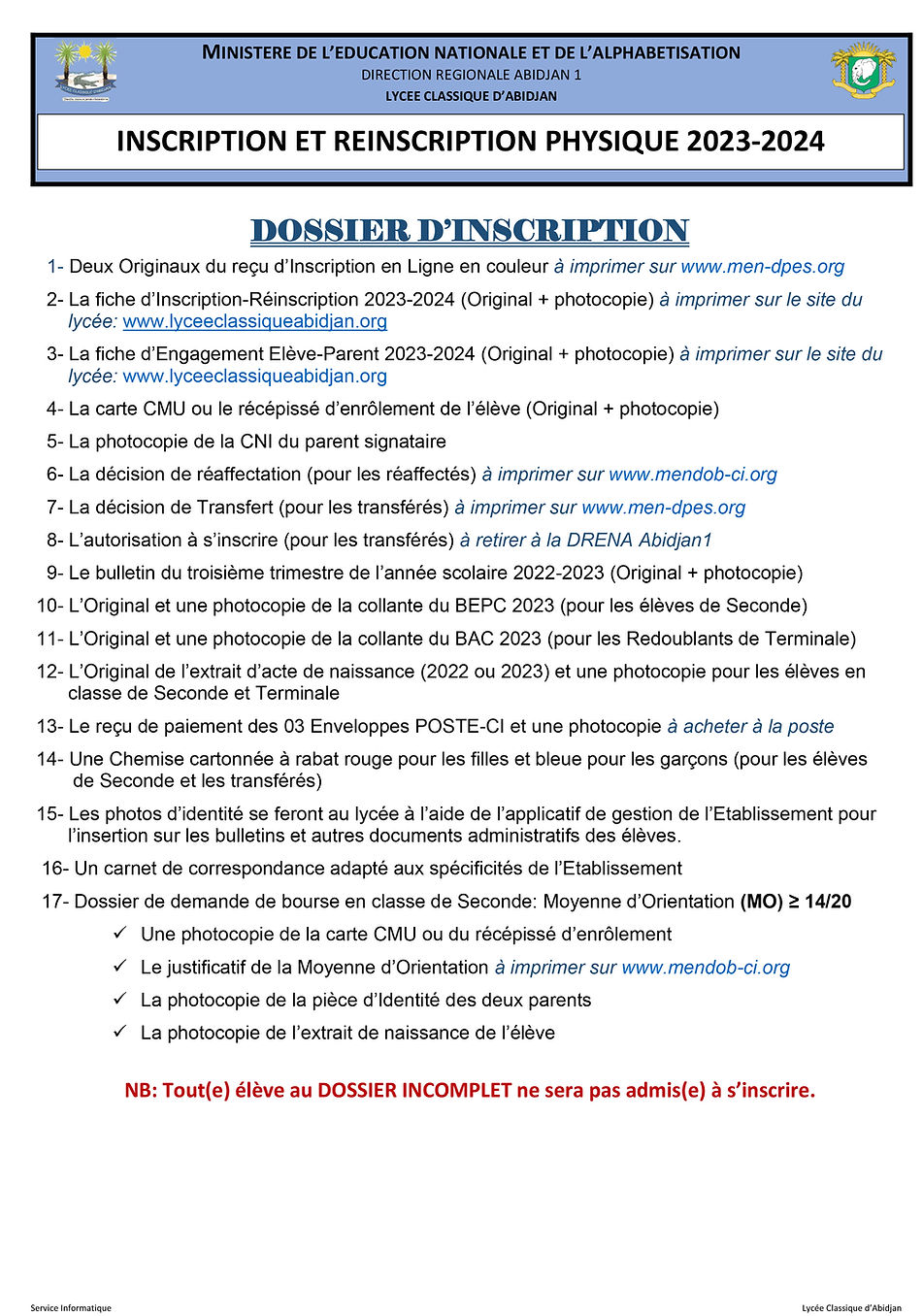 Infos | Lycée Classique Abidjan