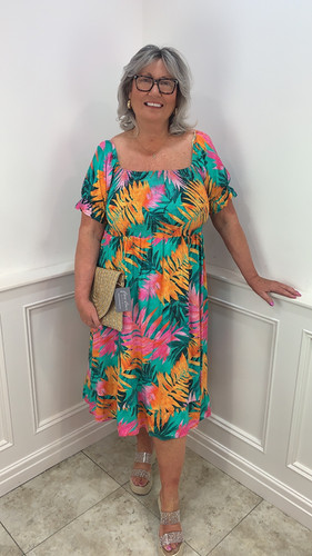 Mandy Elastic Chest Midi Dress Palm Aqua | Lucy Lou's Boutique