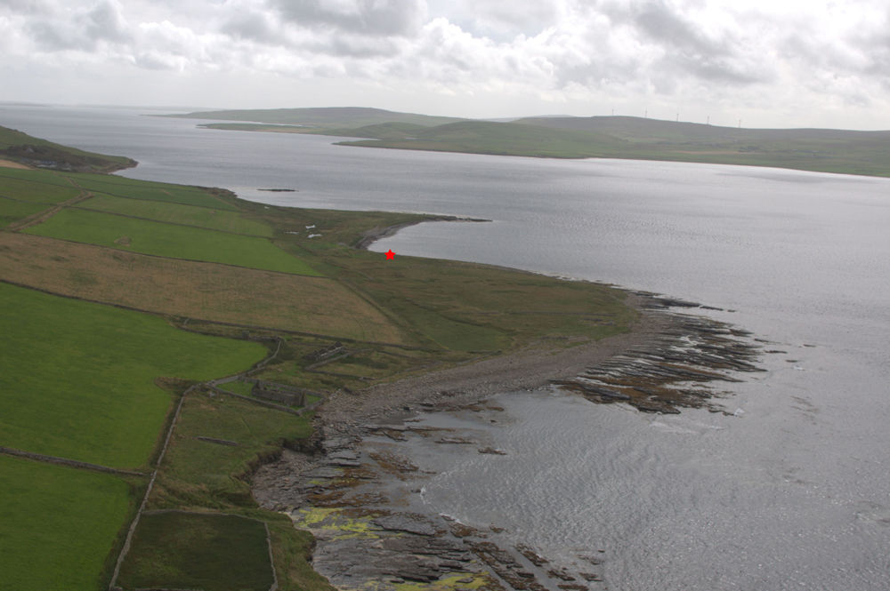 View down Eynhallow Sound taken from drone, Swandro marked in red