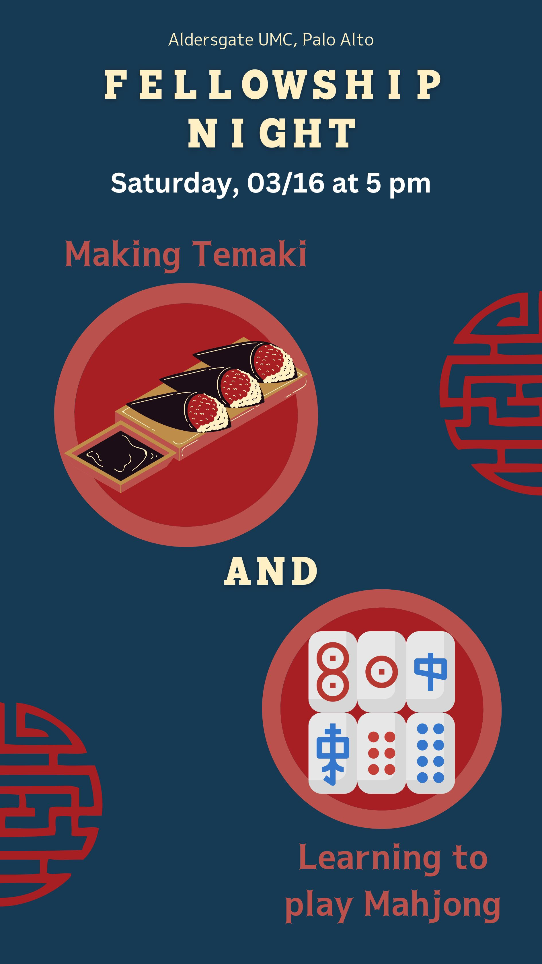 Fellowship Night: Temaki Potluck+ Game Night | Aldersgate UMC PA