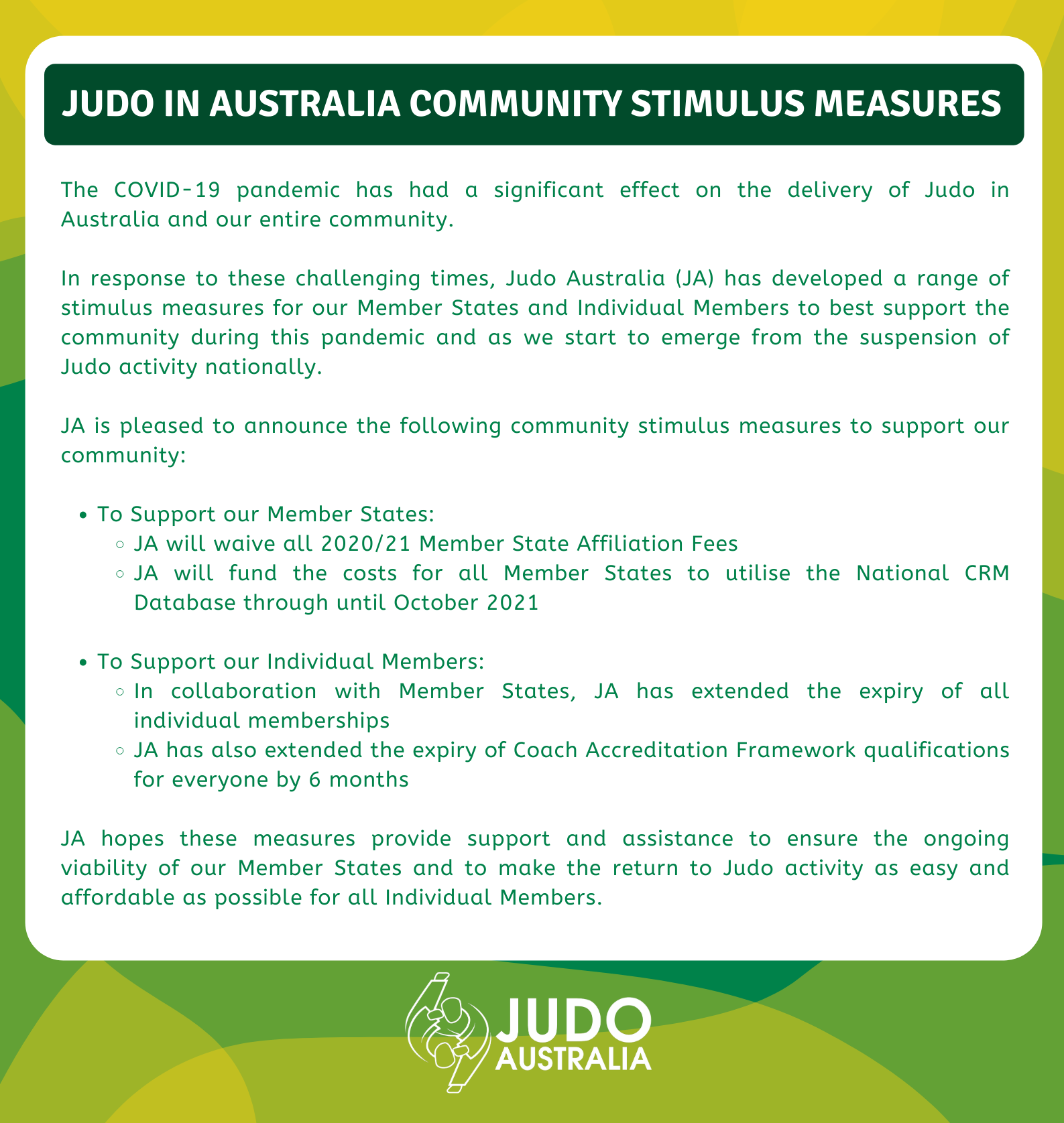 Judo In Australia Community Stimulus Measures – Judo Australia