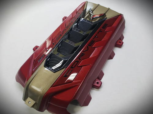 C8 CORVETTE ENGINE COVER- EDGE RED- HCF AND TAN CENTER | CRCP