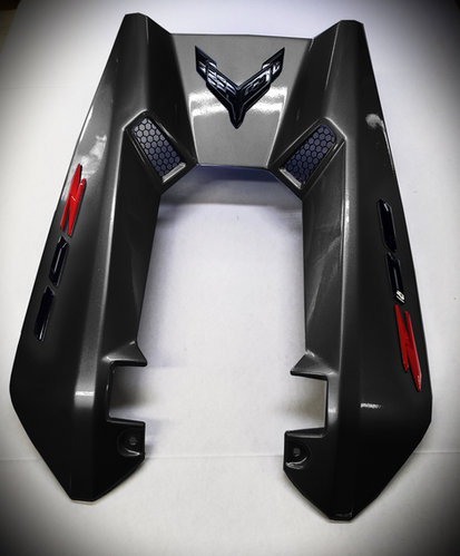 C8 ZO6 CORVETTE ENGINE COVER- HYPERSONIC GRAY- RED AND BLACK TRIM | CRCP