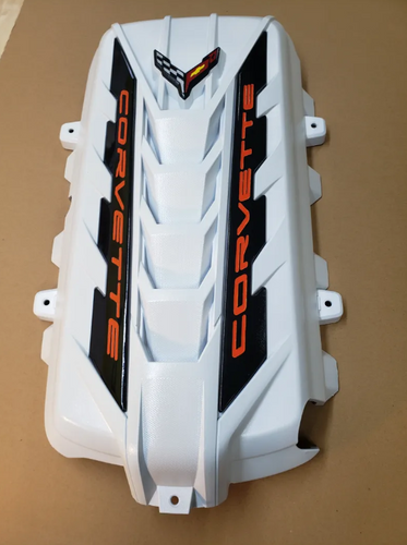 C8 CORVETTE ENGINE COVER- ARCTIC WHITE- CARBON FLASH RAILS- ORANGE ...