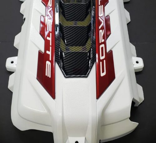 C8 CORVETTE ENGINE COVER- ARCTIC WHITE- HCF CENTER- EDGE RED RAILS ...