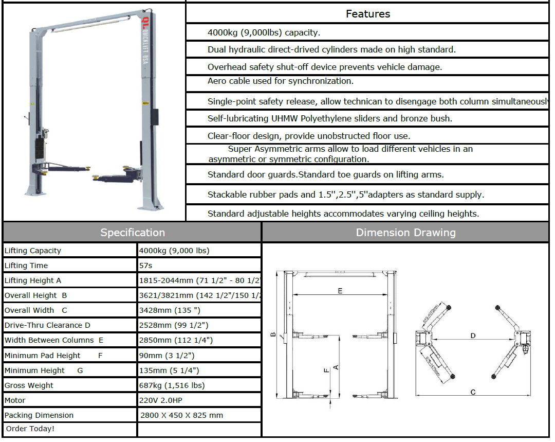 Quick Lift USA Inc. | TWO POST LIFT | CLEAR FLOOR | 9,000LB