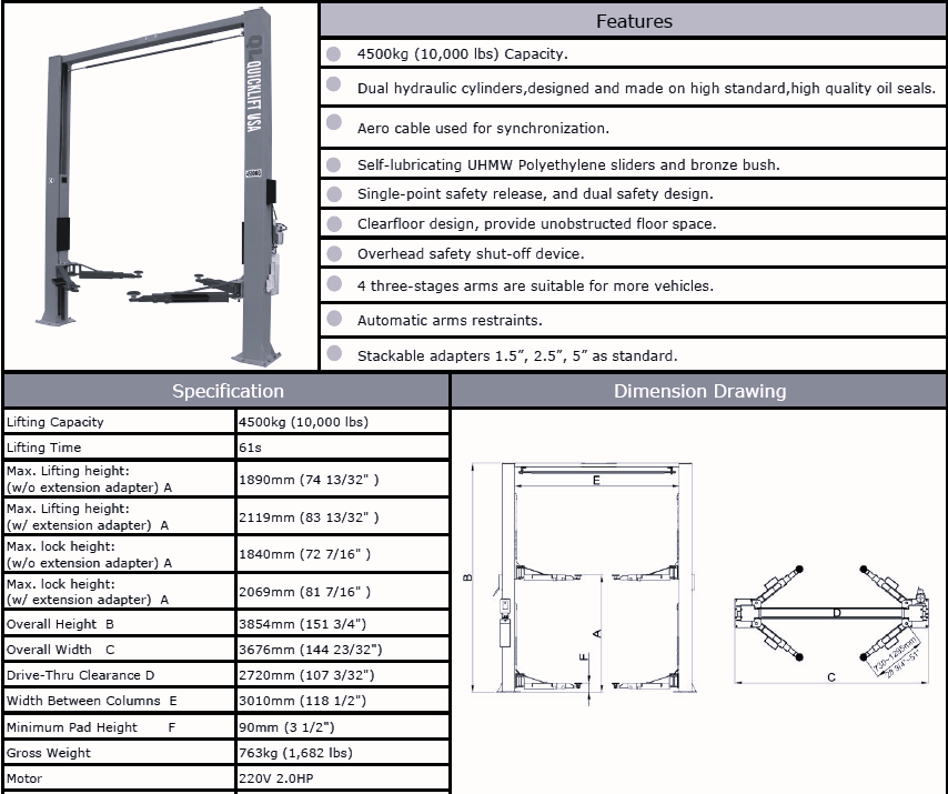 Quick Lift USA Inc. | TWO POST LIFT | CLEAR FLOOR | 10,000LB