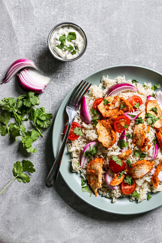 CHICKEN TIKKA RICE SALAD WITH MINT RAITIA