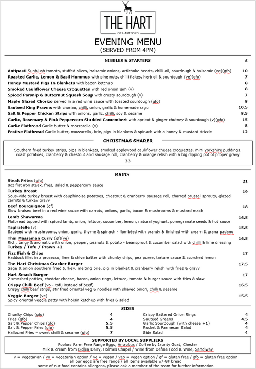 Evening Menu | The Hart Of Hartford