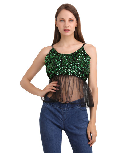 Green Sequin Embellished Sleeveless Spaghetti Strap Cami Party Top