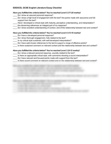 GCSE English Literature Essay checklist for Pearson EDEXCEL | GCSE A ...