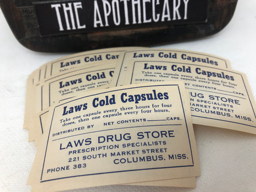 Vintage Laws Cold Capsules Pharmacy labels | Taylormadecards4u
