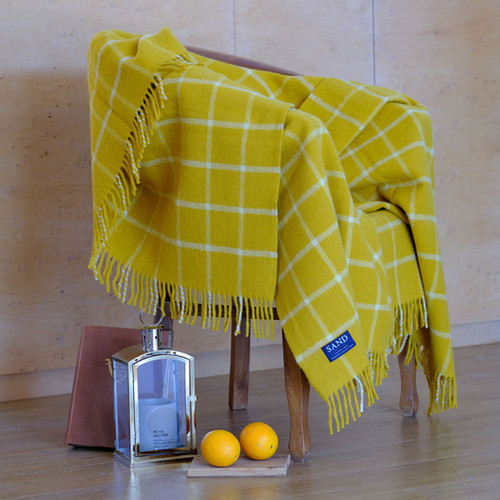 Yellow Chequered Check Pure New Wool Sand Blanket | Sand Cornwall