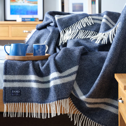 Navy and Silver Grey Fishbone 2 Stripe Pure New Wool Sand Blanket Large ...