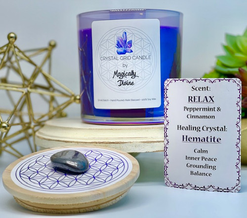 RELAX- Crystal Grid Candle & Crystal | Magically Divine