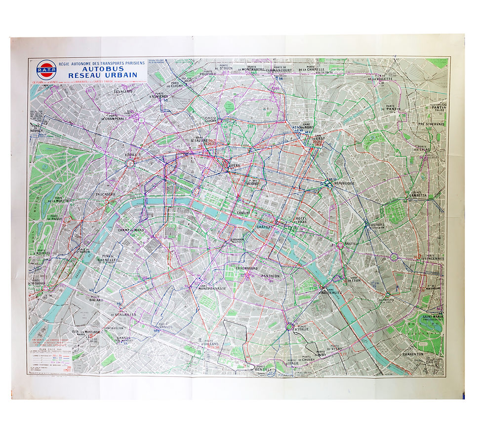 Large Paris bus stop RATP map with numbered lines 1963 Tarride ...