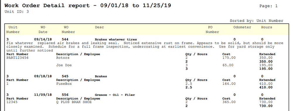 Fleet Maintenance Reports: - Work Order Details