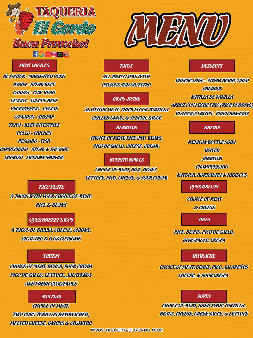 Menus Items | Taqueria El Gordo