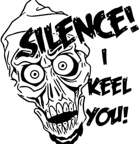 SILENCE, I keel you puppet skull decal sticker | ANYStickerUWant.com