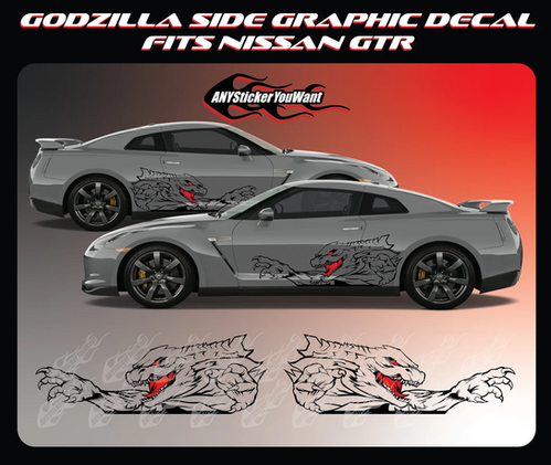 x2 Godzilla Side Graphic Vinyl Decals Fits Nissan GTR | ANYStickerUWant.com
