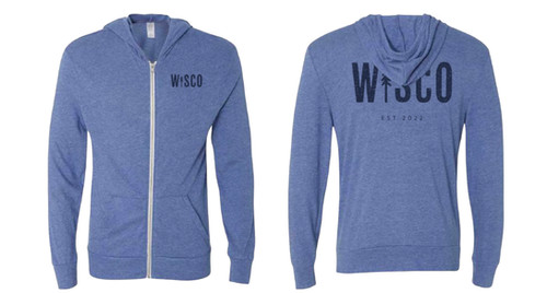 Wisco Unisex Eco Jersey Hoodie Pacific Blue + Navy logo | Wisco Clothing Co