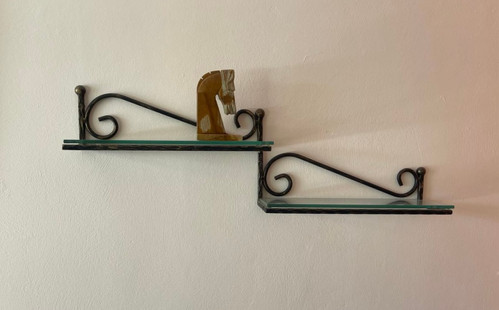 Very heavy split level bronzed metal and glass wall mountable shelves ...
