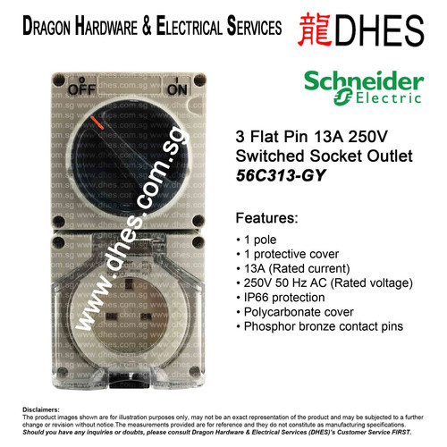 Clipsal Schneider 13A 250V 3 Flat Pin IP66 1 Pole Switched Socket ...