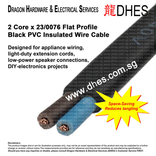 DHES 2 Core 2C x 23 / 0076 Black Insulated PVC Flat Profile Wire Cable | Dragon Hardware ...