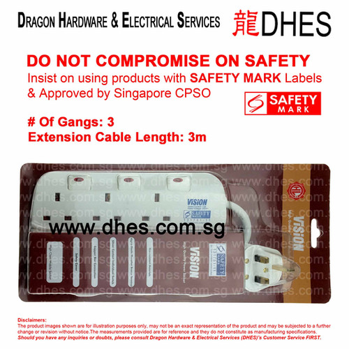 Vision 3 Gang 3 Meter High Quality 2-Pin Friendly Direct Plug Extension ...