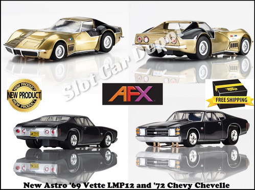AFX '72 Chevy Chevelle SS 454 Silver& Black '69 Astro Vette LMP12 Gold ...