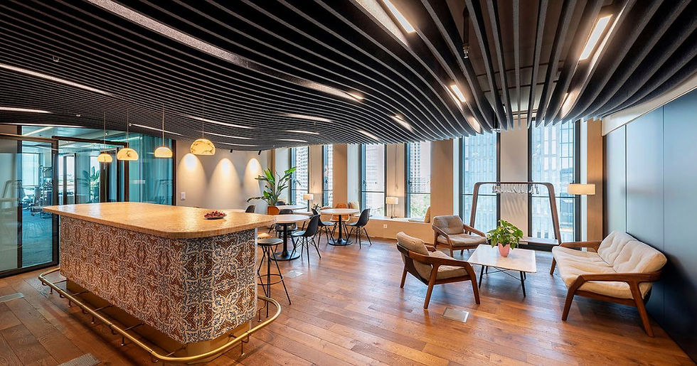 Lamella Ceiling with Tunto Wooden Lighting for Modern Offices