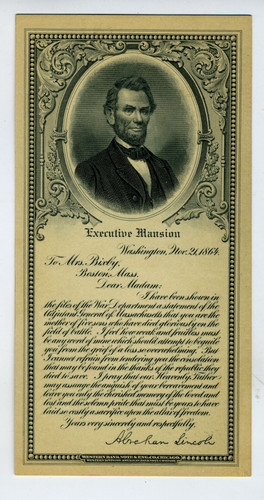 LINCOLN - MRS BIXBY LETTER – ENGRAVING PORTRAIT – WESTERN BANK NOTE ...