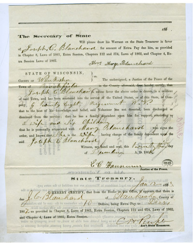 CIVIL WAR - WISCONSIN AID TO VOLUNTEERS – 1862- J. Blanchard 28th REGT ...