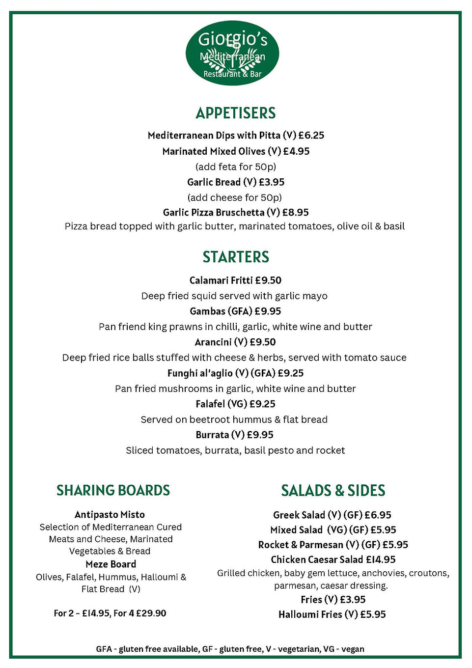 Menu | Giorgio's Mediterranean Restaurant & Bar | Bishops Waltham