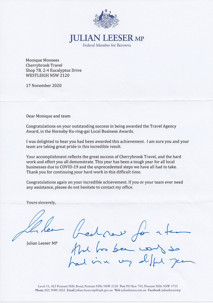 Letter of Congratulations from Julian Leeser