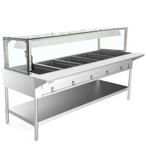 74" Five Well Gas Hot Food Steam Table with Lighted Sneeze Guard and ...